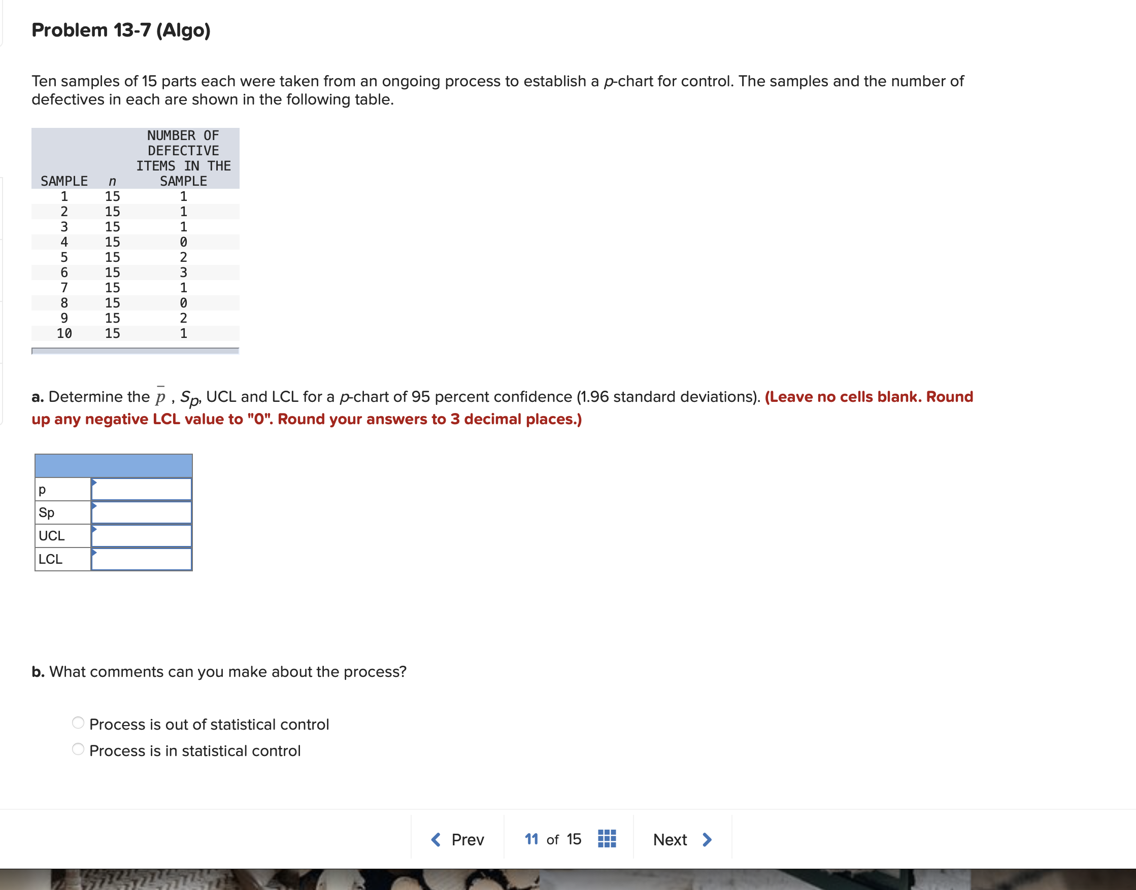 Solved Problem 13-7 (Algo)Ten samples of 15 ﻿parts each were | Chegg.com
