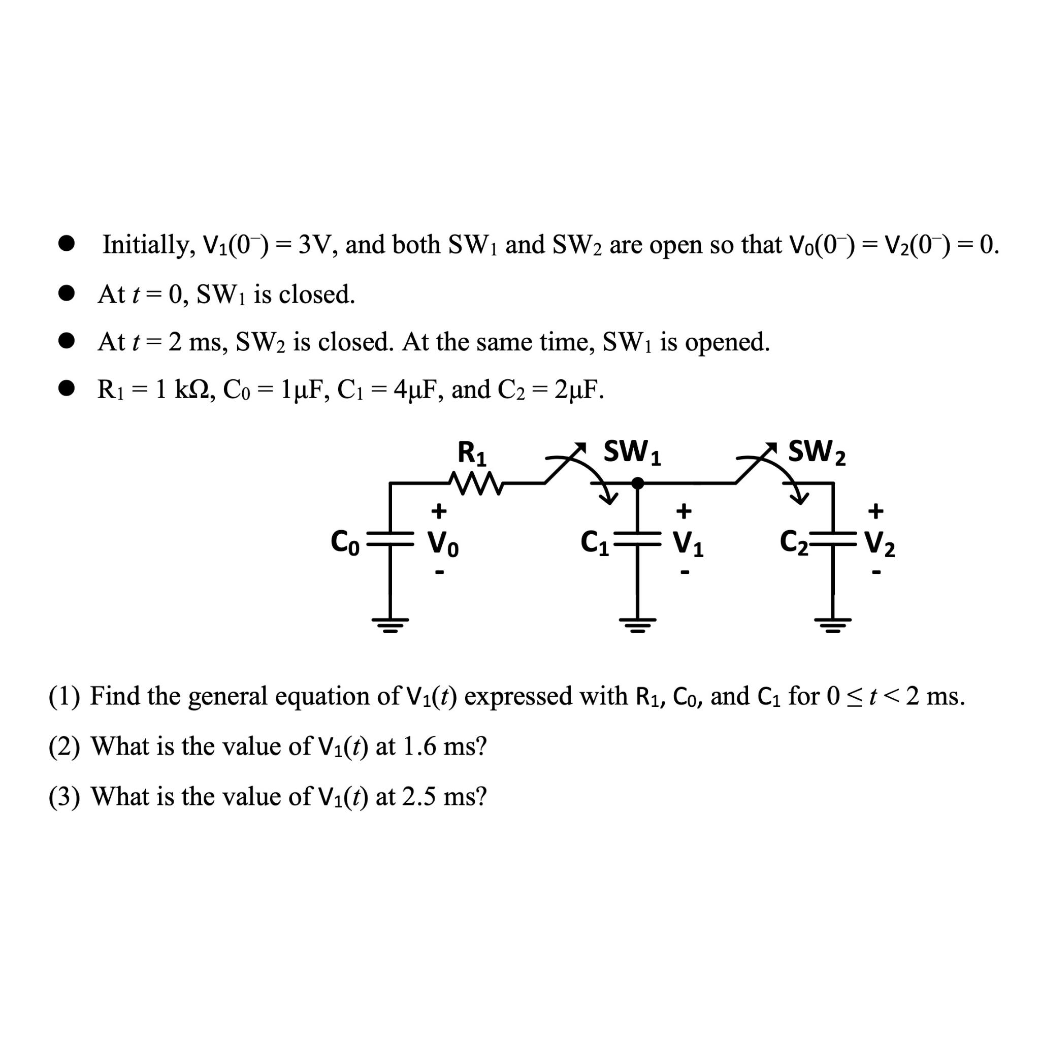 Solved Initially, V1(0-)=3V, ﻿and both SW1 ﻿and SW2 ﻿are | Chegg.com