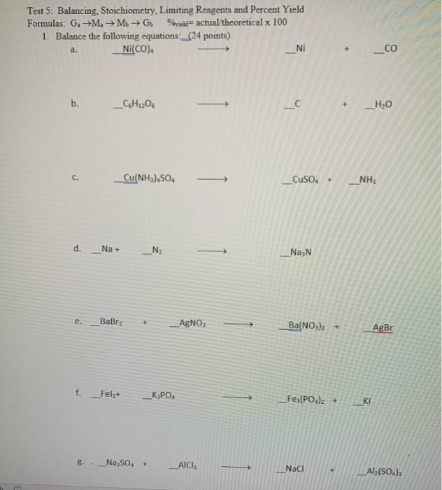 Solved Test 5: Balancing. Stoichiometry. Limiting Reagents | Chegg.com