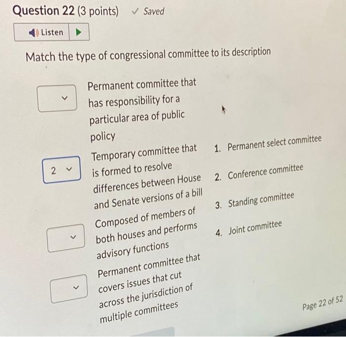 Match the type of congressional committee to its | Chegg.com