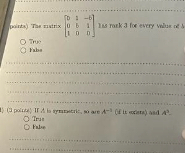 Solved points) ﻿The matrix [01-b0b1100] ﻿has rank 3 ﻿for | Chegg.com