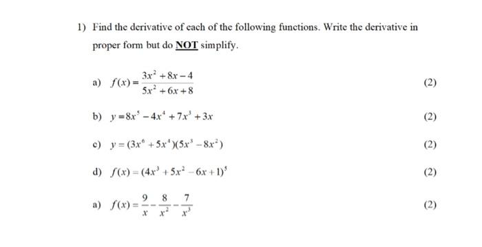 Solved 1) Find the derivative of each of the following | Chegg.com