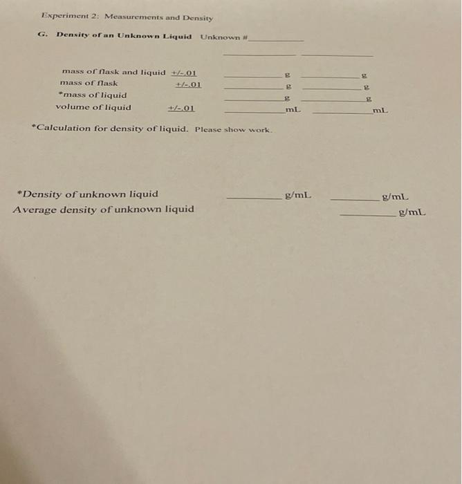 Solved Experiment 2: Measurements and Density G. Density of | Chegg.com
