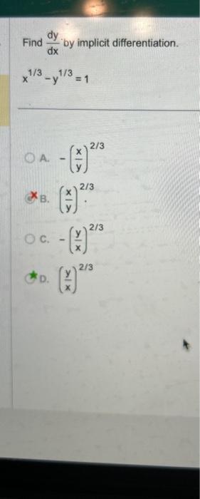 Solved Find by implicit differentiation. dy dx 1/3-1/3=1 X A | Chegg.com