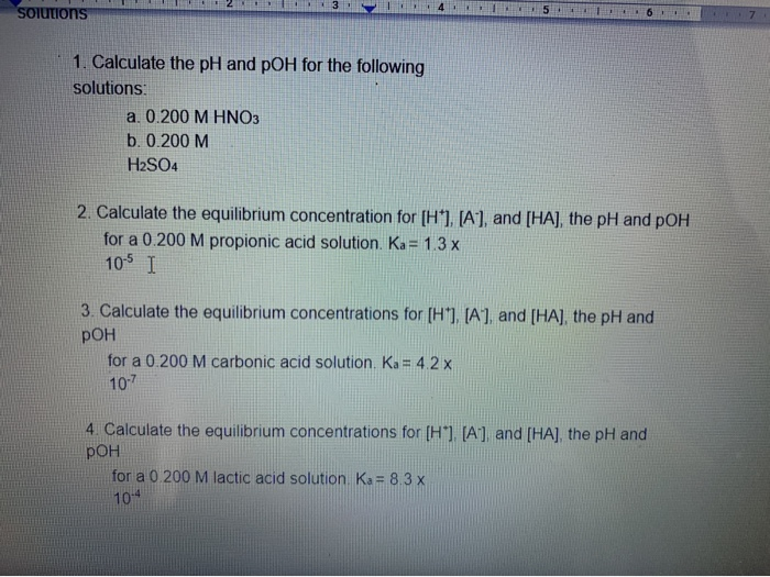 Solved Solutions 23 4567 1. Calculate the pH and pOH for the | Chegg.com
