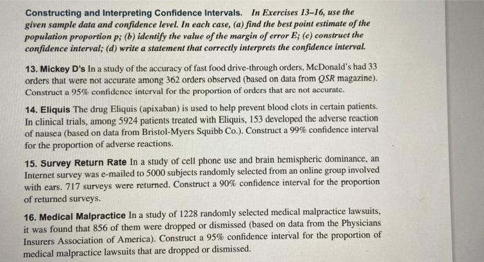 Solved Constructing and Interpreting Confidence intervals. | Chegg.com