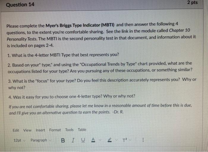 Solved Please complete the Myer's Briggs Type Indicator | Chegg.com