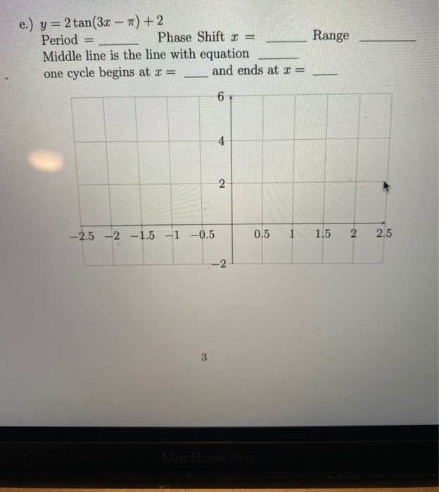 Solved Range e.) y = 2 tan(3x - 7) +2 Period Phase Shift x = | Chegg.com