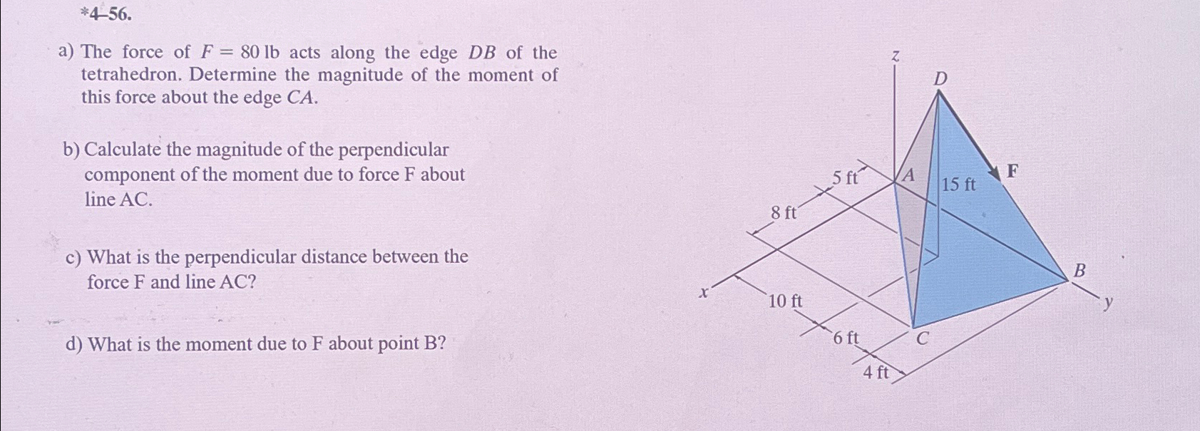 Solved **4-56.a) ﻿The force of F=80lb ﻿acts along the edge | Chegg.com