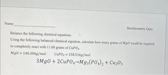Solved Name Stoichiometry Quiz Balance the following | Chegg.com