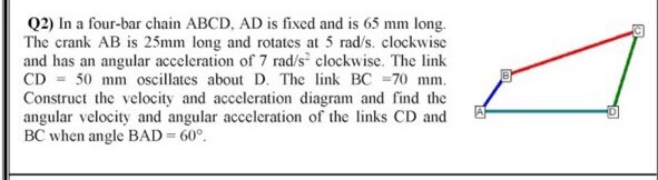 Solved Q2) In a four-bar chain ABCD, AD is fixed and is 65 | Chegg.com