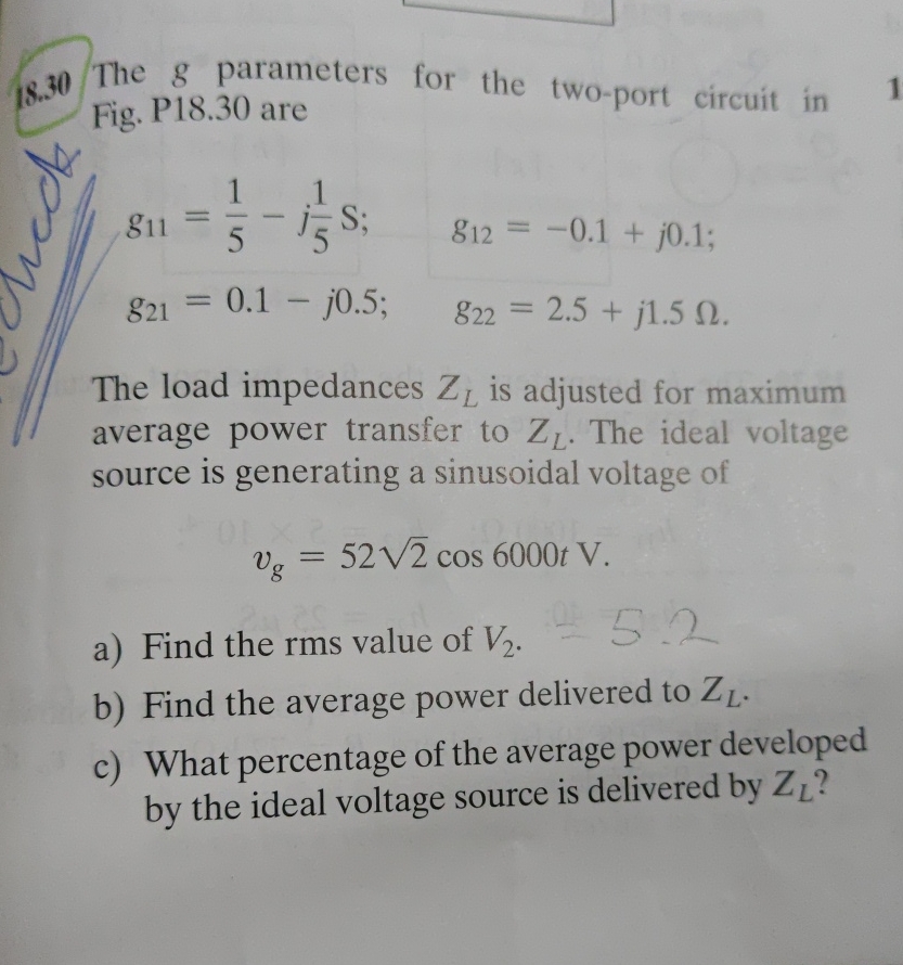 Solved 18.30 ﻿The g ﻿parameters for the two-port circuit in | Chegg.com