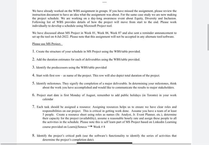 Solved We have already worked on the WBS assignment in | Chegg.com