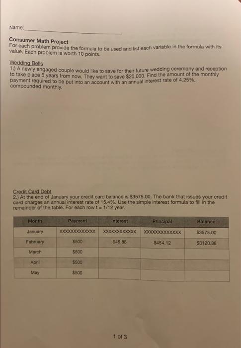 Solved Name: Consumer Math Project value. Each problem is | Chegg.com