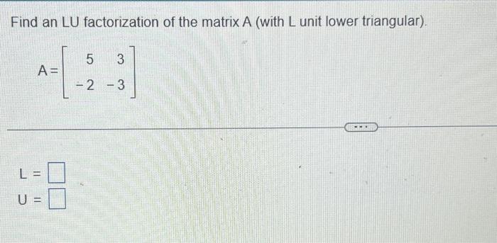 Solved Find an LU factorization of the matrix A (with L unit | Chegg.com