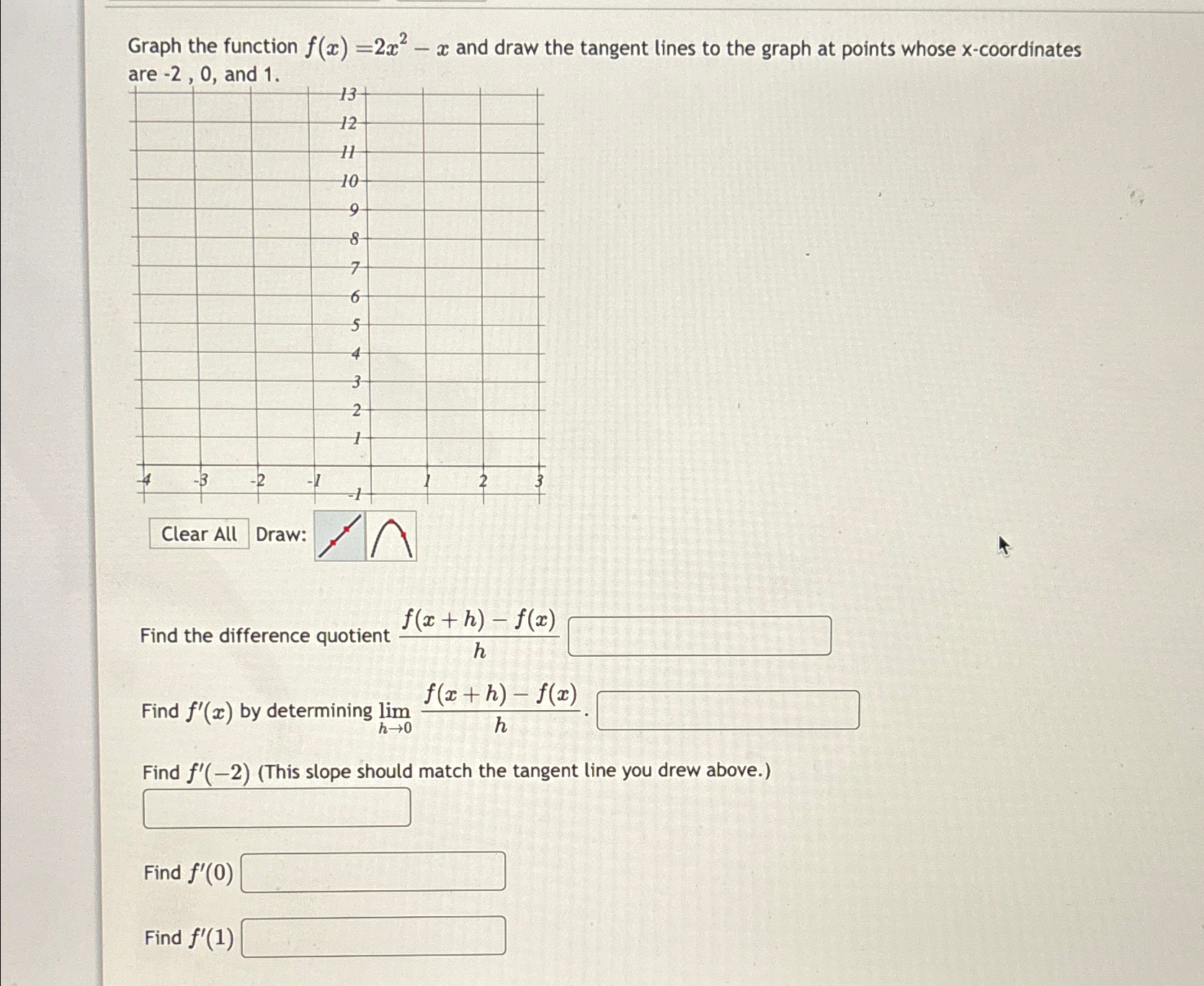 Solved Graph the function f(x)=2x2-x ﻿and draw the tangent | Chegg.com