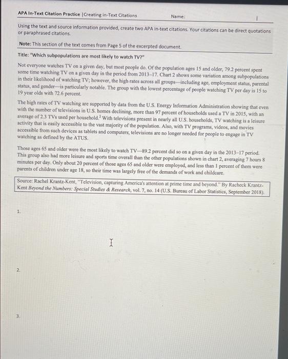 APA In-Text Citation Practice |Creating in-Text | Chegg.com