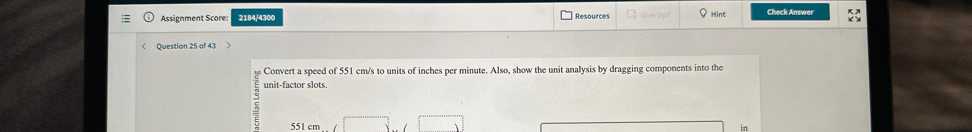 Solved Convert a speed of 551 ﻿cm/s to units of inches per | Chegg.com