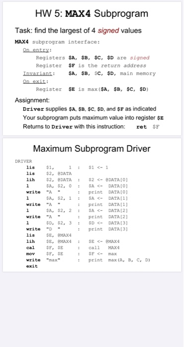 HW 5: MAX4 Subprogram Task: find the largest of 4 | Chegg.com