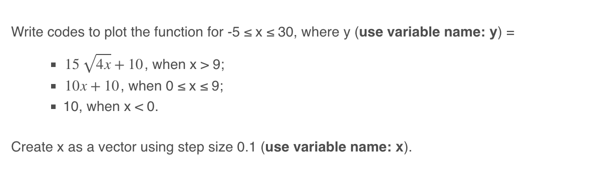 Solved Write codes to plot the function for -5≤x≤30, ﻿where | Chegg.com
