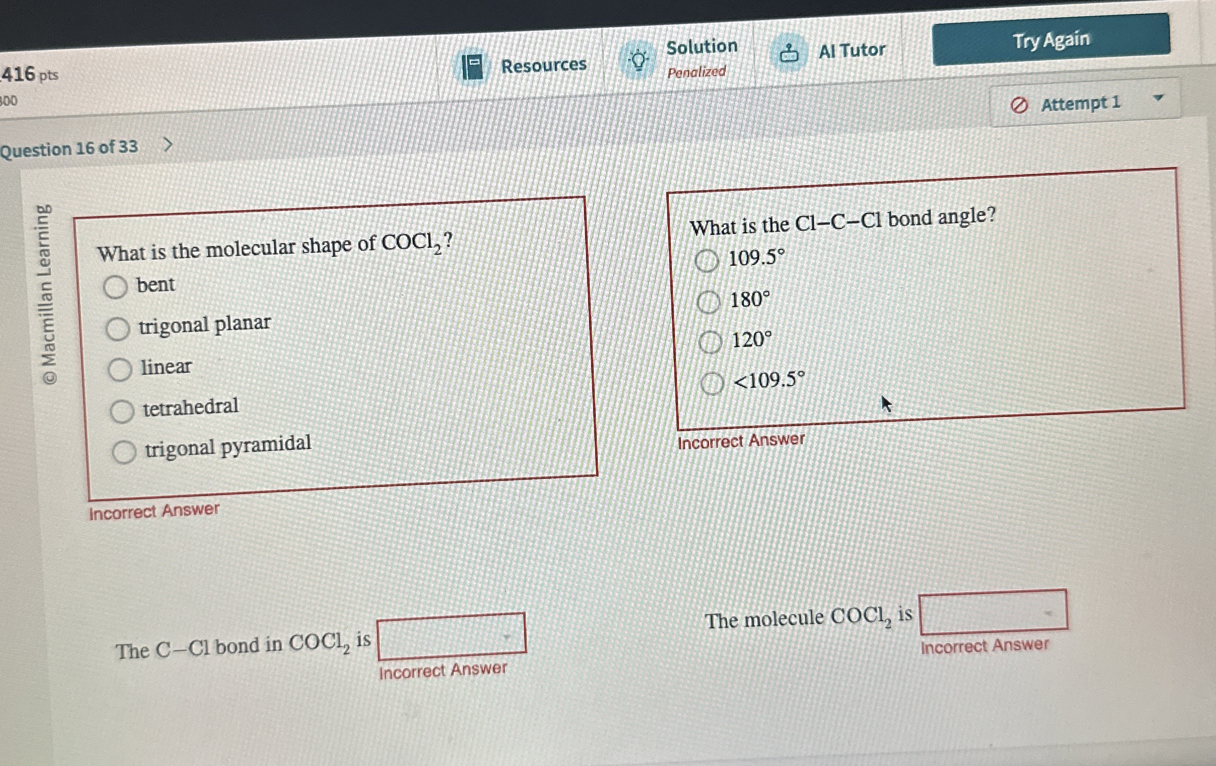 Solved What is the molecular shape of COCl2 ?benttrigonal | Chegg.com