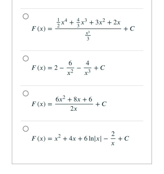 Solved Let 2x3 + 4x2 + 6x + 2 f (x) = x2 If F'(x) = f (x) | Chegg.com Solved Let 2x3 + 4x2 + 6x + 2 f (x) = x2 If F'(x) = f (x) | Chegg.com