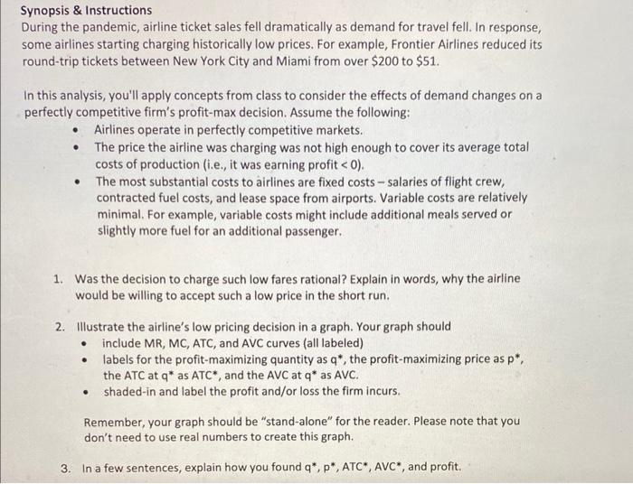 Solved Synopsis \& Instructions During the pandemic, airline | Chegg.com