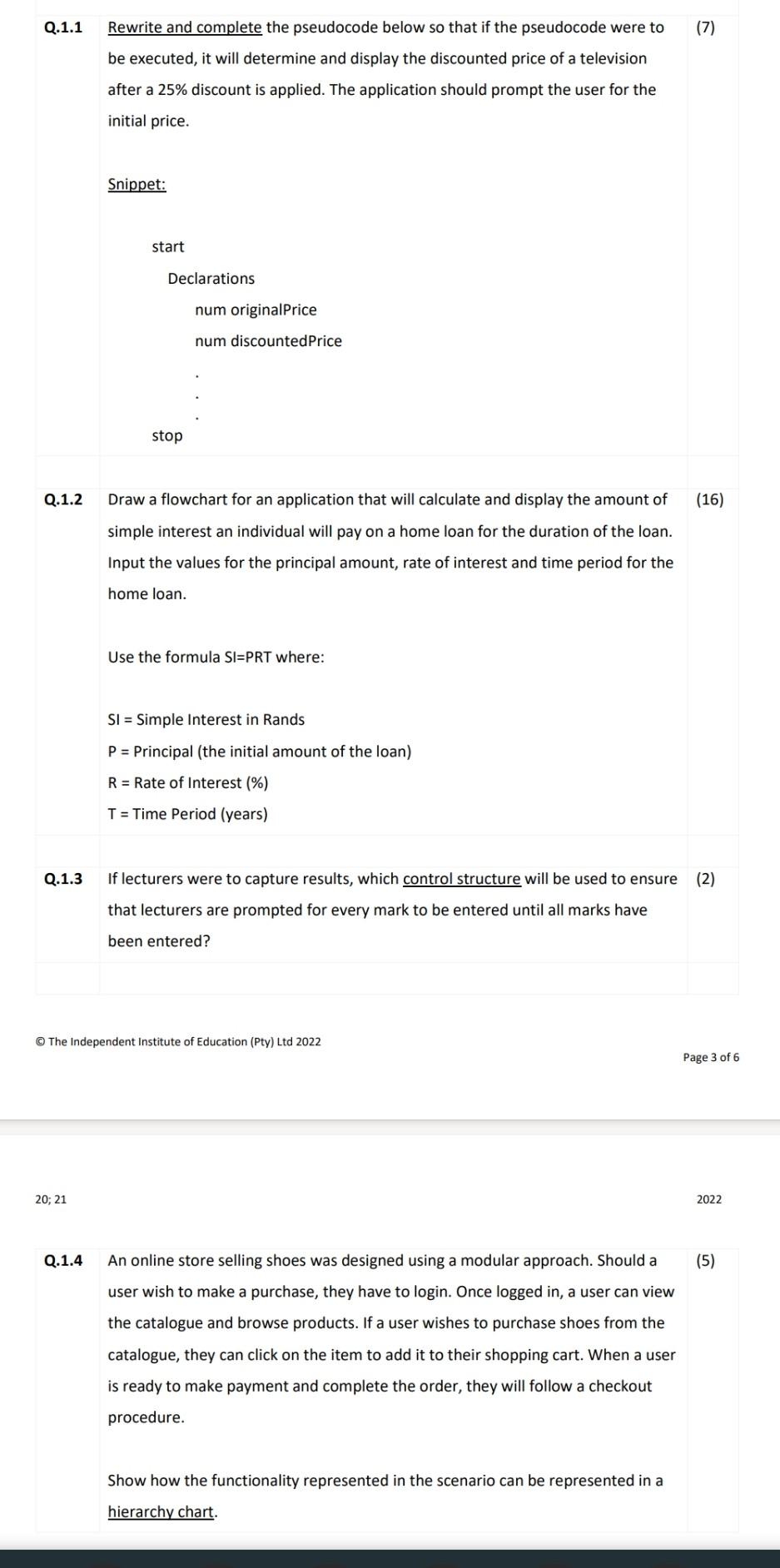 Solved Q11 Rewrite And Complete The Pseudocode Below So 
