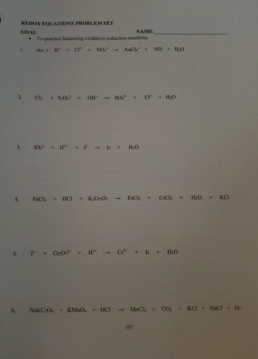 Solved REDOX EQUATIONS PROBLEM SET GOAL NAME: To practice | Chegg.com