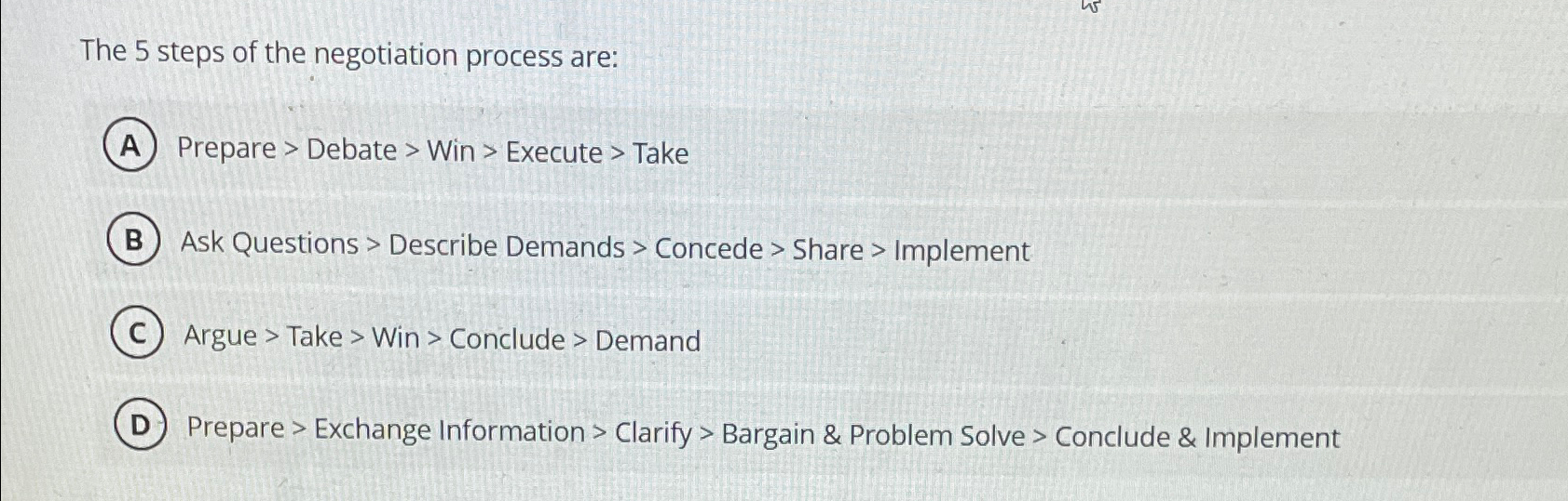 Solved The 5 ﻿steps of the negotiation process are:Prepare > | Chegg.com
