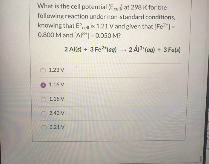 Solved What is the cell potential (Ecell) at 298 K for the | Chegg.com
