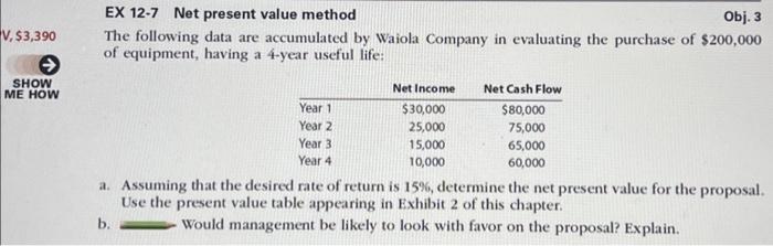 Solved EX 12-7 Net present value method Obj. 3 The following | Chegg.com