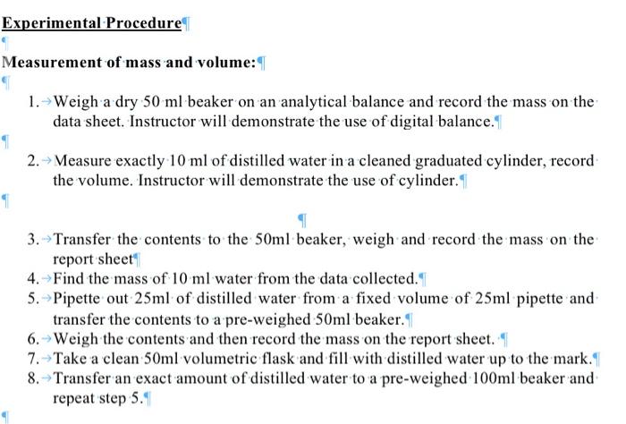 Solved Experimental Procedure Measurement of mass and | Chegg.com