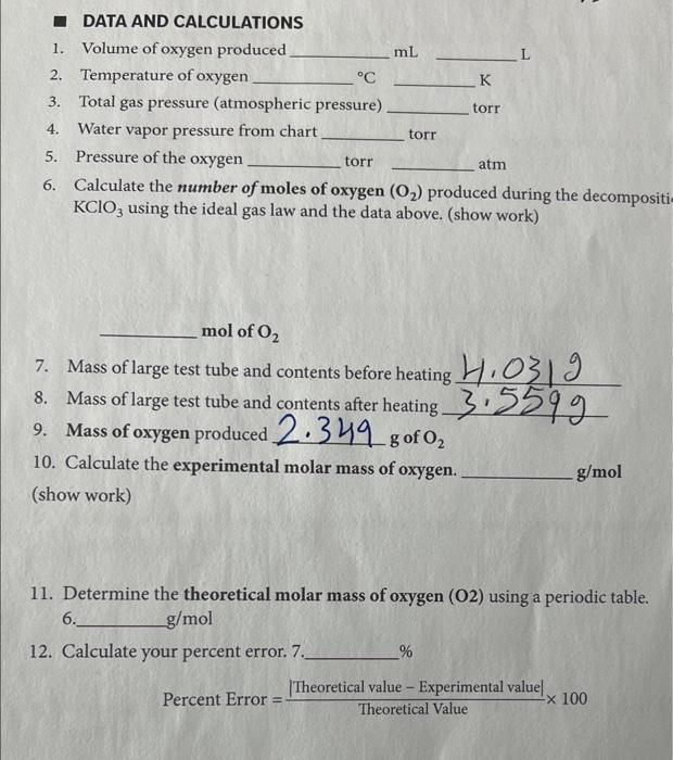 Solved I DATA AND CALCULATIONS 1. Volume of oxygen produced | Chegg.com