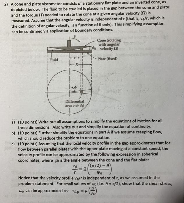 Solved 2) A cone and plate viscometer consists of a | Chegg.com