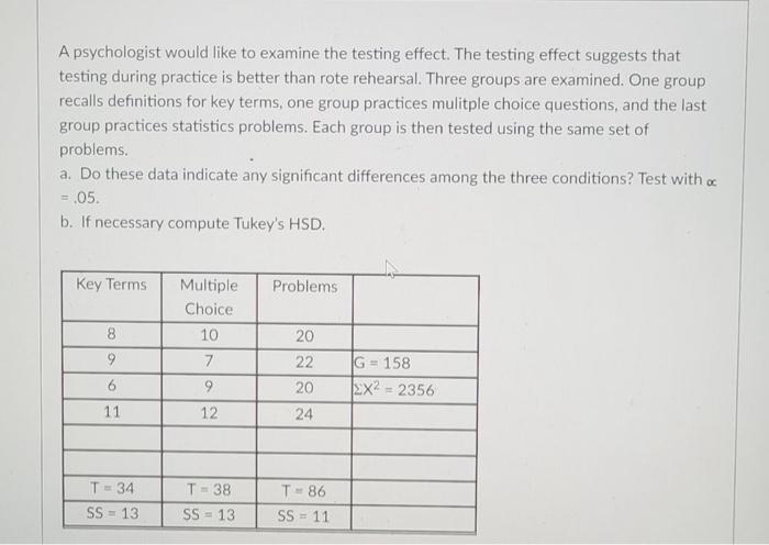 Solved A psychologist would like to examine the testing | Chegg.com