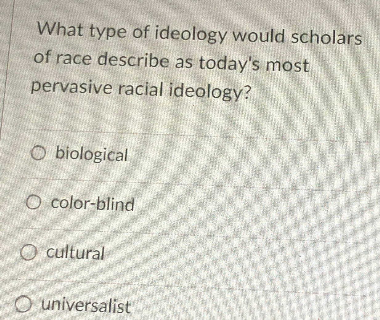 Solved What type of ideology would scholars of race describe | Chegg.com