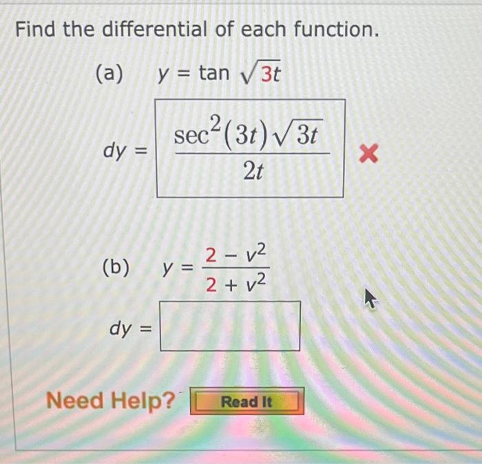 Solved Find the differential of each function. (a) y=tan3t | Chegg.com