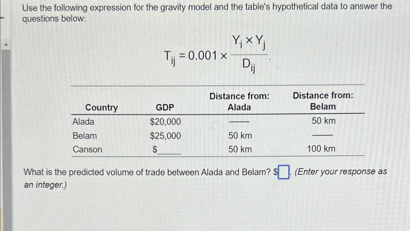 Solved Use the following expression for the gravity model | Chegg.com
