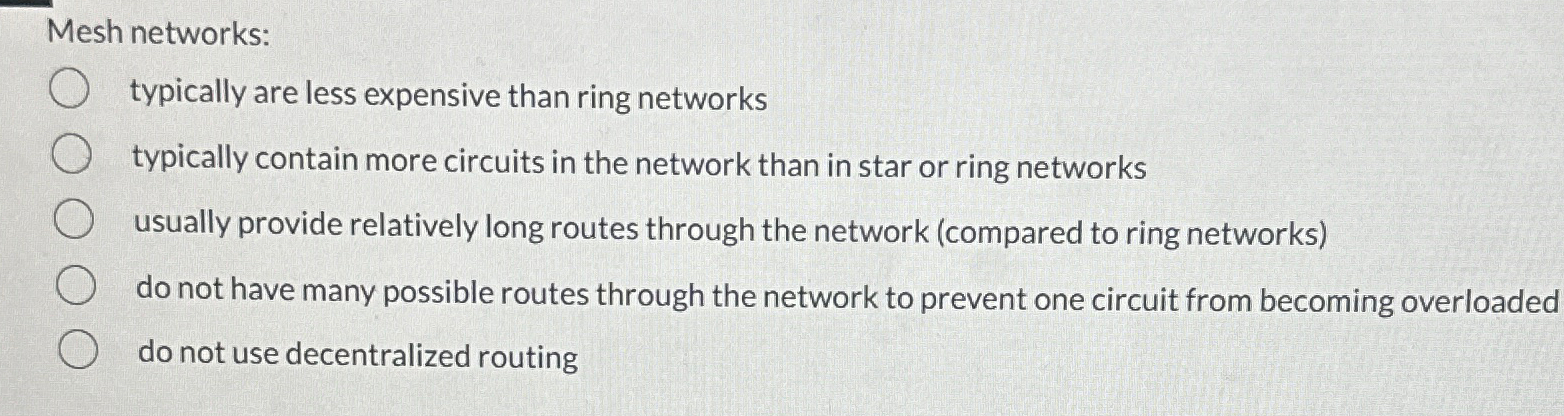 Solved Mesh networks:typically are less expensive than ring | Chegg.com