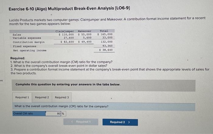 Solved Exercise 6-10 (Algo) Multiproduct Break-Even Analysis | Chegg.com