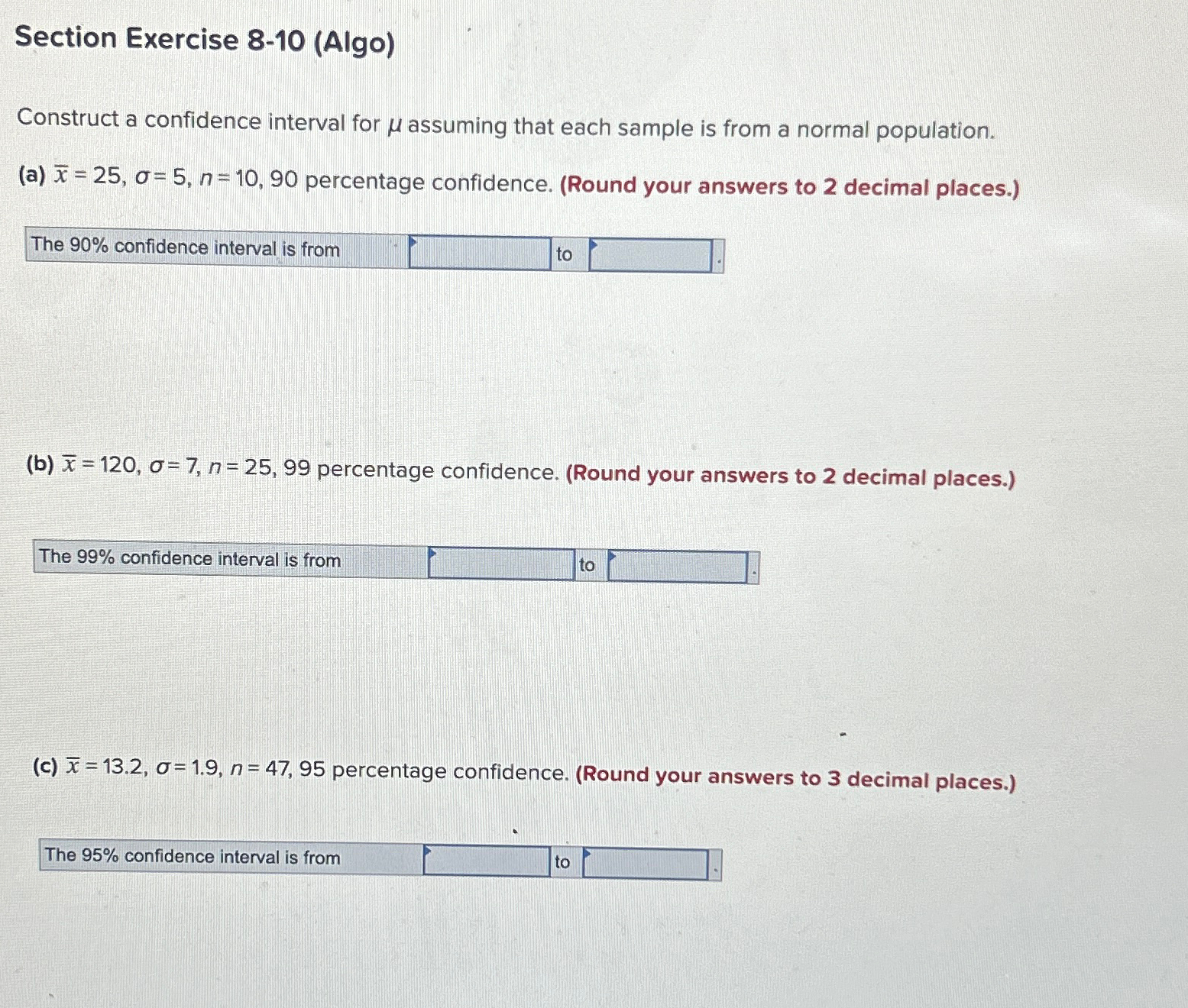 Solved Section Exercise 8-10 (Algo)Construct a confidence | Chegg.com