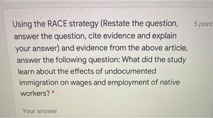 Solved 5 point Using the RACE strategy (Restate the | Chegg.com