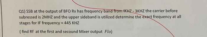 Solved Q1) SSB at the output of BFO Rx has frequency band | Chegg.com