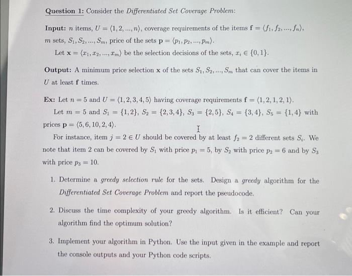 Solved Question 1: Consider the Differentiated Set Coverage | Chegg.com
