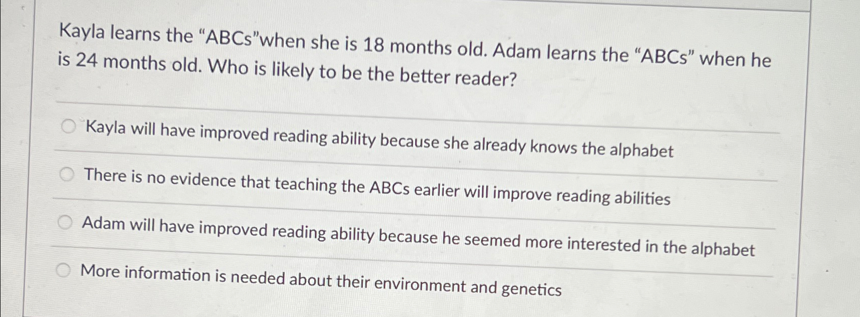 Solved Kayla learns the "ABCs" when she is 18 ﻿months old. | Chegg.com
