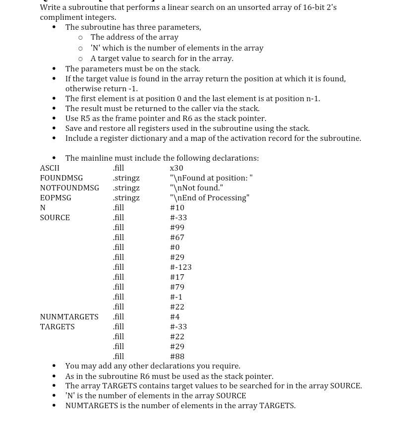 Solved Write A Subroutine That Performs A Linear Search On