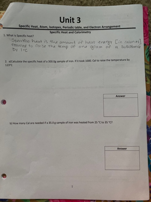 Solved Unit 3 Specific Heat, Atom, Isotopes, Periodic table, | Chegg.com