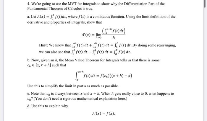 Solved x+h h0 4. We're going to use the MVT for integrals to | Chegg.com