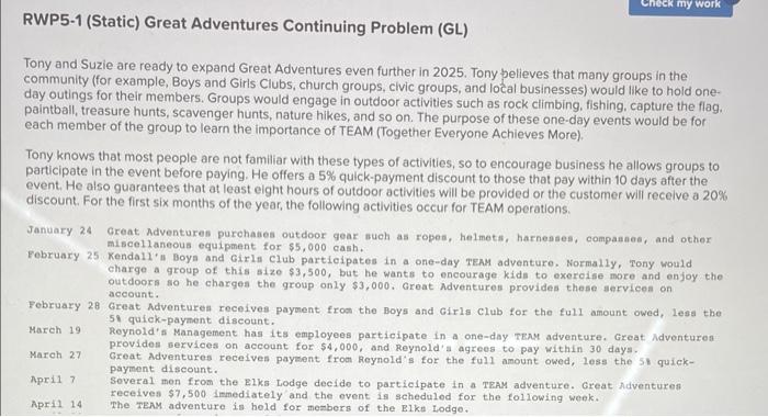 Solved RWP5-1 (Static) Great Adventures Continuing Problem | Chegg.com